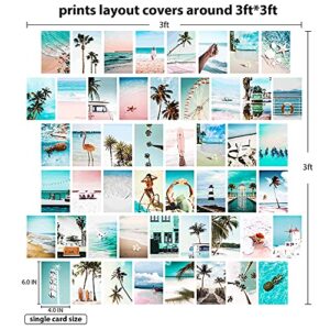 Teal Wall Collage Kit Aesthetic Pictures 50Pcs 4x6 Inch Summer Beach Collage Print Kit Vocation Posters for Room Decor Bule Photo Collage Kit for Wall Aesthetic Holiday Room Decor for Teen Girls