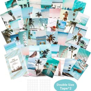 Teal Wall Collage Kit Aesthetic Pictures 50Pcs 4x6 Inch Summer Beach Collage Print Kit Vocation Posters for Room Decor Bule Photo Collage Kit for Wall Aesthetic Holiday Room Decor for Teen Girls