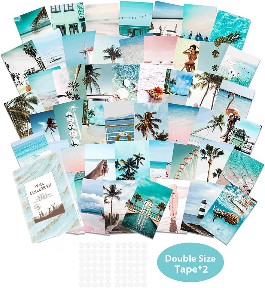 Teal Wall Collage Kit Aesthetic Pictures 50Pcs 4x6 Inch Summer Beach Collage Print Kit Vocation Posters for Room Decor Bule Photo Collage Kit for Wall Aesthetic Holiday Room Decor for Teen Girls