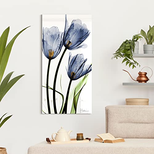 Empire Art Direct Frameless Free Floating Tempered Glass Panel Graphic Wall Art Ready to Hang, 24" x 48", Three Blue Tulips