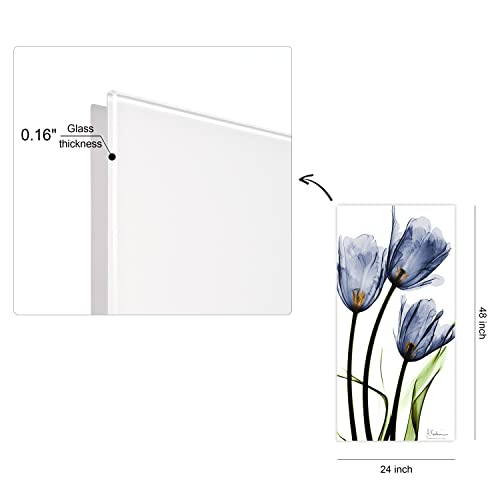 Empire Art Direct Frameless Free Floating Tempered Glass Panel Graphic Wall Art Ready to Hang, 24" x 48", Three Blue Tulips