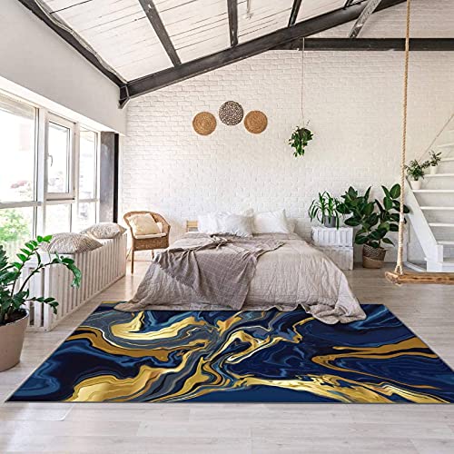 Area Runner Rug Non-Slip Throw Rugs Luxury Wallpaper Blue Marble and Gold Abstract Background Texture Carpet Playmat Yoga Indoor Floor Carpet Patio Door Mat for Living Room Home Decor