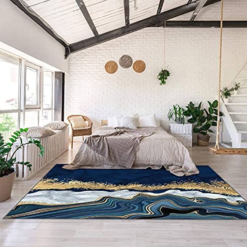 KNSVJBENID Area Runner Rug NonSlip Throw Rugs Abstract Background Blue Agate with Golden Veins White Marble Fake Carpet Patio Door Mat for Living Room Home Decor Multi 3inchx5inch