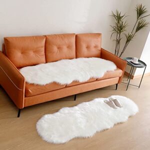 linmopm Super Soft Fluffy Faux Fur Sheepskin Rugs Bedroom Floor Sofa Living Room Runner High-Density Cushion Plush Carpet Sofa Cover Bedside Rugs (2x6 ft Sheepskin, White)