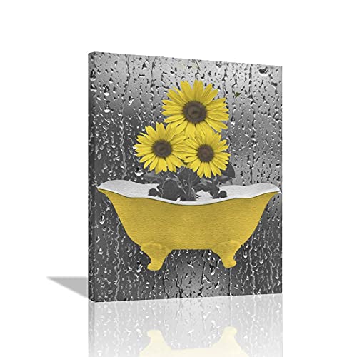 Sunflower Bathroom Wall Art Yellow Gray Bathroom Framed Canvas Wall Art Sunflowers in Bathtub Wall Decor Modern Decorative Bath Home Decor Matted Floral Picture for Bedroom Living Room 12x16 inch