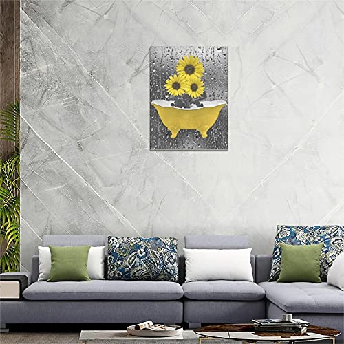 Sunflower Bathroom Wall Art Yellow Gray Bathroom Framed Canvas Wall Art Sunflowers in Bathtub Wall Decor Modern Decorative Bath Home Decor Matted Floral Picture for Bedroom Living Room 12x16 inch