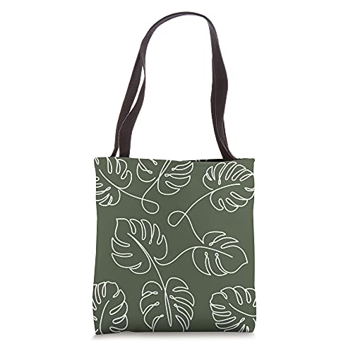 Line Art Monstera Leaf Botanical Tropical Plant Olive Green Tote Bag