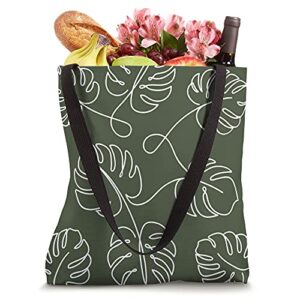 Line Art Monstera Leaf Botanical Tropical Plant Olive Green Tote Bag