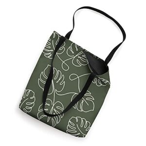 Line Art Monstera Leaf Botanical Tropical Plant Olive Green Tote Bag