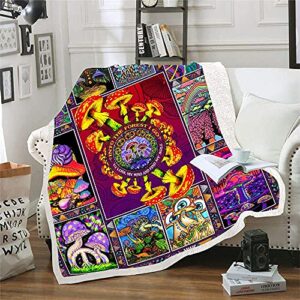 trippy mushroom blanket hippie plant throw blankets for couch trippy sherpa fleece blankets soft cotton fuzzy blanket wool plush blanket (classic purple,(59 x 79 in))