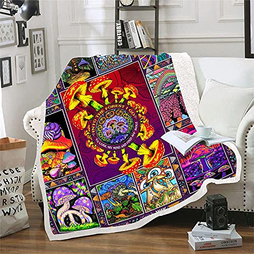 Trippy Mushroom Blanket Hippie Plant Throw Blankets for Couch Trippy Sherpa Fleece Blankets Soft Cotton Fuzzy Blanket Wool Plush Blanket (Classic Purple,(59 x 79 in))