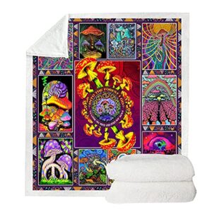 Trippy Mushroom Blanket Hippie Plant Throw Blankets for Couch Trippy Sherpa Fleece Blankets Soft Cotton Fuzzy Blanket Wool Plush Blanket (Classic Purple,(59 x 79 in))