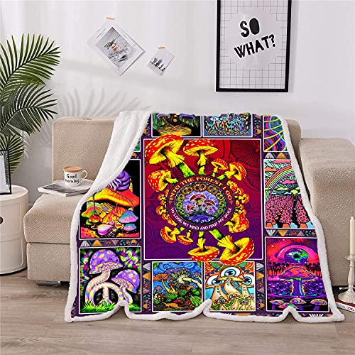 Trippy Mushroom Blanket Hippie Plant Throw Blankets for Couch Trippy Sherpa Fleece Blankets Soft Cotton Fuzzy Blanket Wool Plush Blanket (Classic Purple,(59 x 79 in))