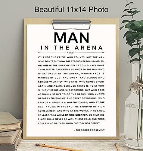 LARGE 11X14 - Man in the Arena - Inspirational Quotes - Teddy Roosevelt Poster - Motivational Gifts for Men, Boys, Teens, Entrepreneur - Office, Living Room, Bedroom Wall Art Decor - Daring Greatly