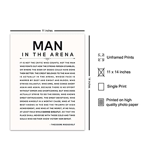 LARGE 11X14 - Man in the Arena - Inspirational Quotes - Teddy Roosevelt Poster - Motivational Gifts for Men, Boys, Teens, Entrepreneur - Office, Living Room, Bedroom Wall Art Decor - Daring Greatly