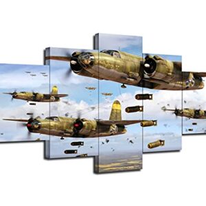 Martin B-26 Marauder Bomber Wall Decor WWII Military Aircraft Wall Art Picture Canvas Print Poster Painting Framed Home Living Room Bedroom Decoration 5 Pieces Ready to Hang(60''Wx32''H)