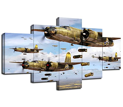 Martin B-26 Marauder Bomber Wall Decor WWII Military Aircraft Wall Art Picture Canvas Print Poster Painting Framed Home Living Room Bedroom Decoration 5 Pieces Ready to Hang(60''Wx32''H)