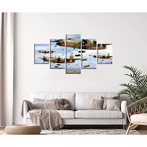 Martin B-26 Marauder Bomber Wall Decor WWII Military Aircraft Wall Art Picture Canvas Print Poster Painting Framed Home Living Room Bedroom Decoration 5 Pieces Ready to Hang(60''Wx32''H)