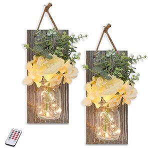 mason jar sconces home design wall decor remote control farmhouse shabby chic living room kitchen bedroom bathroom decoration with 6-hour timer led lights flowers silk hydrangea set of 2 grey