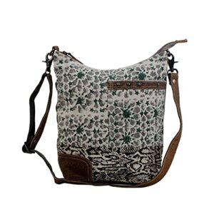 myra bag unconventionally etched shoulder bag upcycled cotton & cowhide leather s-2862