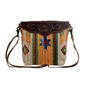 myra bagtini mini hand-tooled bag upcycled cotton & leather s-3059