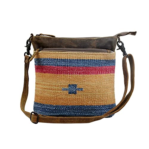 Myra Bag Yellow And Blue Stripes Cross-Body Bag Upcycled Cotton & Leather S-3070