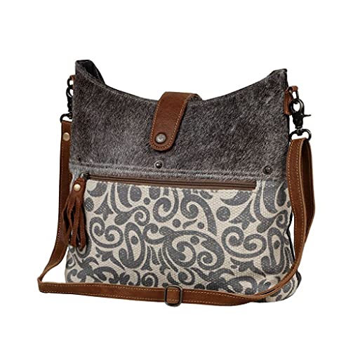 Myra Bag Flourish Shoulder Bag Upcycled Canvas, Rug, Leather & Cowhide S-2655