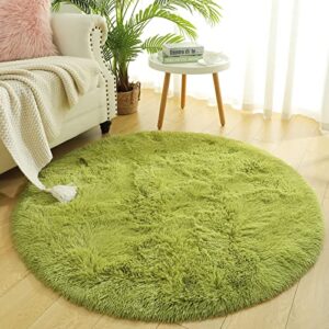 chicrug fluffy round area rugs for girls bedroom, 4×4 feet shaggy circle area rug for living room, soft fuzzy carpets for princess room, cute rug kids circular playmats for baby nursery home, green