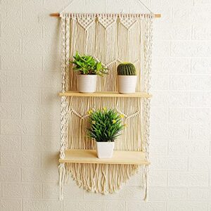 macrame wall hanging shelf – boho indoor hanging shelves for wall – decorative bohemian floating plants room storage shelving macrame rope decor organizer rack, 2 tier indoor handmade plant shelves