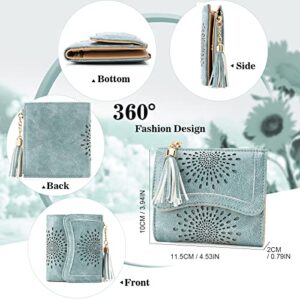 APHISON Small Wallet for Women, Sunflower RFID Slim Womens Wallet Leather Cute Wallets Compact Bifold Teen Girls Zipper Tassel Coin Purse ID Card Holder Blue