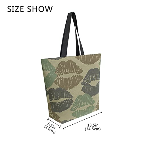 Women's Tote Bag Top Handle Handbags Shoulder Tote Bag Camouflage Kiss Lip Tote Washed Canvas Purses Bag (8ue4b)