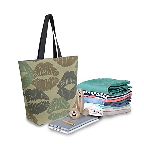 Women's Tote Bag Top Handle Handbags Shoulder Tote Bag Camouflage Kiss Lip Tote Washed Canvas Purses Bag (8ue4b)