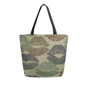 Women's Tote Bag Top Handle Handbags Shoulder Tote Bag Camouflage Kiss Lip Tote Washed Canvas Purses Bag (8ue4b)