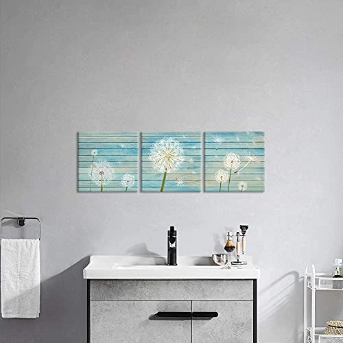 DuoBaorom 3 Pieces Dandelion Flower Canvas Wall Art Abstract Neutral White Floral Rustic Wood Artwork for Bedroom Bathroom Home Decor Stretched and Framed Ready to Hang 12x12inchx3pcs