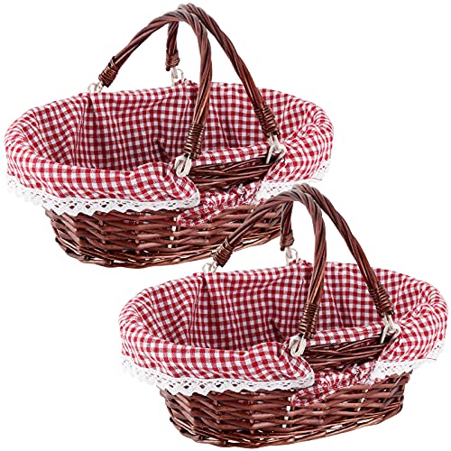 MAHIONG 2 PCS Brown Wicker Woven Gift Easter Basket, Hand Woven Empty Willow Woven Basket with Double Folding Handles and Washable Gingham Liner, Wicker Picnic Basket for Egg Candy Fruit Toy Storage