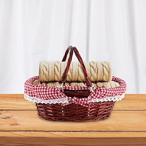 MAHIONG 2 PCS Brown Wicker Woven Gift Easter Basket, Hand Woven Empty Willow Woven Basket with Double Folding Handles and Washable Gingham Liner, Wicker Picnic Basket for Egg Candy Fruit Toy Storage