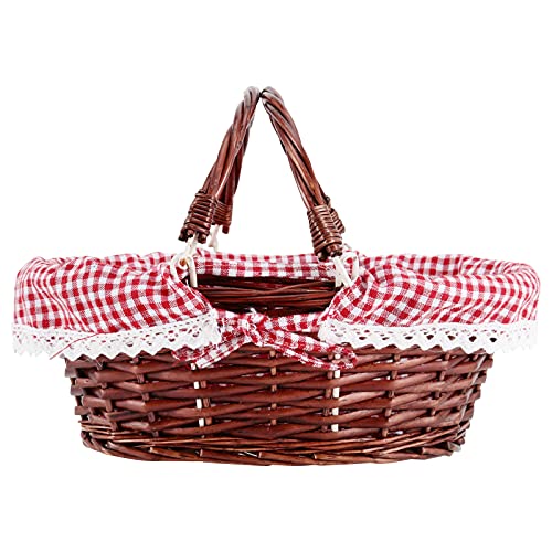 MAHIONG 2 PCS Brown Wicker Woven Gift Easter Basket, Hand Woven Empty Willow Woven Basket with Double Folding Handles and Washable Gingham Liner, Wicker Picnic Basket for Egg Candy Fruit Toy Storage