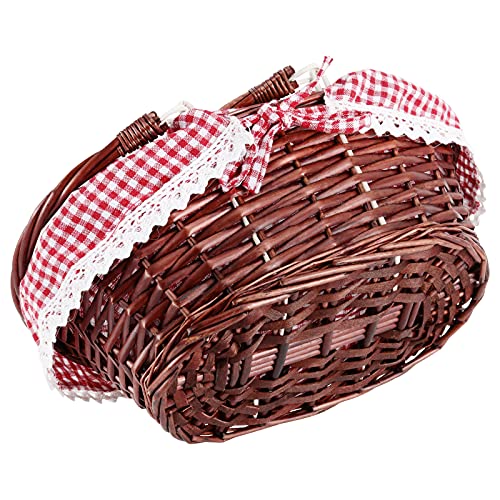 MAHIONG 2 PCS Brown Wicker Woven Gift Easter Basket, Hand Woven Empty Willow Woven Basket with Double Folding Handles and Washable Gingham Liner, Wicker Picnic Basket for Egg Candy Fruit Toy Storage