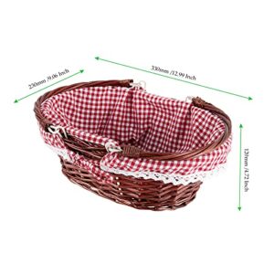 MAHIONG 2 PCS Brown Wicker Woven Gift Easter Basket, Hand Woven Empty Willow Woven Basket with Double Folding Handles and Washable Gingham Liner, Wicker Picnic Basket for Egg Candy Fruit Toy Storage