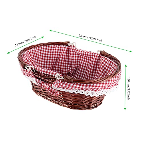 MAHIONG 2 PCS Brown Wicker Woven Gift Easter Basket, Hand Woven Empty Willow Woven Basket with Double Folding Handles and Washable Gingham Liner, Wicker Picnic Basket for Egg Candy Fruit Toy Storage