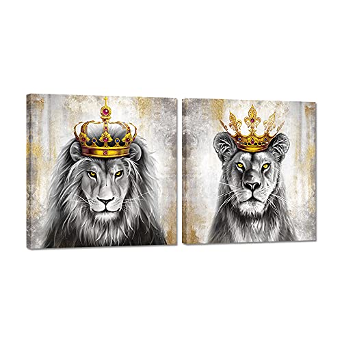 DuoBaorom 2 Pieces King Animal Lion and Lioness Canvas Wall Art Lion with Gold Crown Grey and Gold Picture Artwork Giclee Print Gallery Wrap for Bedroom Home Decor Ready to Hang 12x12inchx2pcs