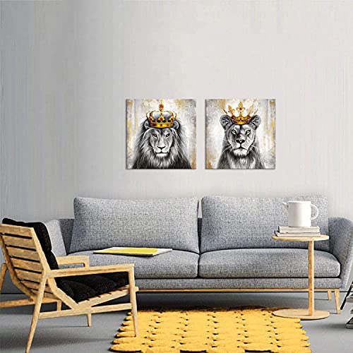 DuoBaorom 2 Pieces King Animal Lion and Lioness Canvas Wall Art Lion with Gold Crown Grey and Gold Picture Artwork Giclee Print Gallery Wrap for Bedroom Home Decor Ready to Hang 12x12inchx2pcs