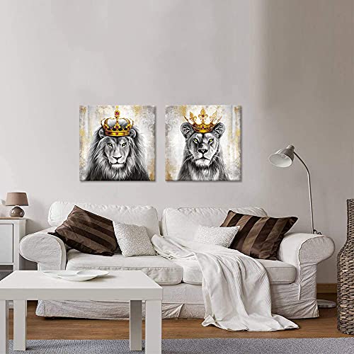 DuoBaorom 2 Pieces King Animal Lion and Lioness Canvas Wall Art Lion with Gold Crown Grey and Gold Picture Artwork Giclee Print Gallery Wrap for Bedroom Home Decor Ready to Hang 12x12inchx2pcs