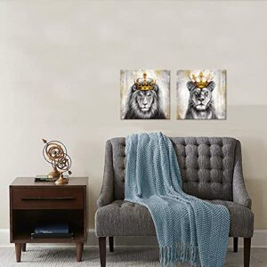 DuoBaorom 2 Pieces King Animal Lion and Lioness Canvas Wall Art Lion with Gold Crown Grey and Gold Picture Artwork Giclee Print Gallery Wrap for Bedroom Home Decor Ready to Hang 12x12inchx2pcs