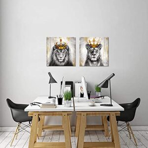 DuoBaorom 2 Pieces King Animal Lion and Lioness Canvas Wall Art Lion with Gold Crown Grey and Gold Picture Artwork Giclee Print Gallery Wrap for Bedroom Home Decor Ready to Hang 12x12inchx2pcs