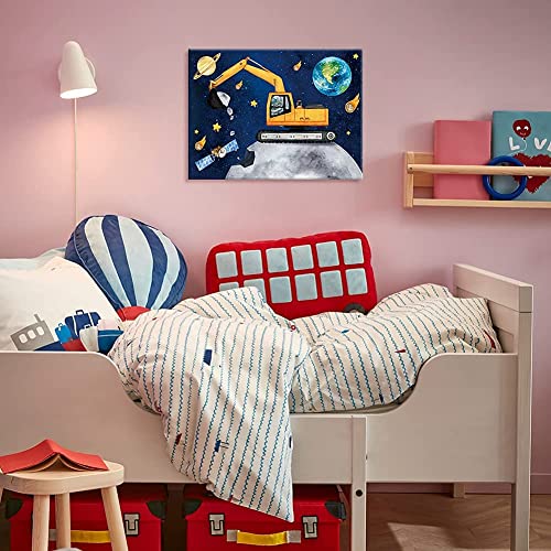 HLNIUC Outer Space Room Wall Art, Space Theme Posters Astronaut Construction Canvas Prints (12”X16”,Framed), Planet Stars Trucks Universe Art Print For Kids Boys room Playroom Decor-Ready To Hang