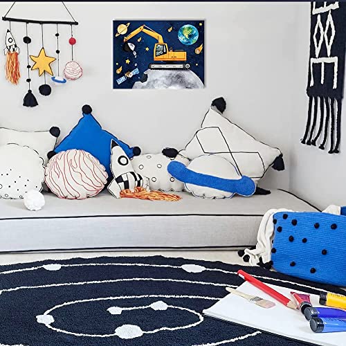 HLNIUC Outer Space Room Wall Art, Space Theme Posters Astronaut Construction Canvas Prints (12”X16”,Framed), Planet Stars Trucks Universe Art Print For Kids Boys room Playroom Decor-Ready To Hang