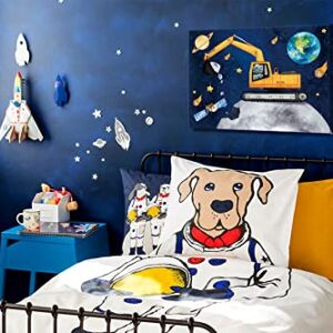 HLNIUC Outer Space Room Wall Art, Space Theme Posters Astronaut Construction Canvas Prints (12”X16”,Framed), Planet Stars Trucks Universe Art Print For Kids Boys room Playroom Decor-Ready To Hang