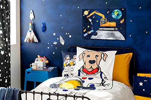 HLNIUC Outer Space Room Wall Art, Space Theme Posters Astronaut Construction Canvas Prints (12”X16”,Framed), Planet Stars Trucks Universe Art Print For Kids Boys room Playroom Decor-Ready To Hang