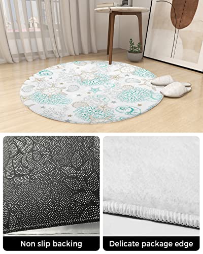 Round Carpet Plush Area Rug Ocean Cute Sea Turtle Coral Shell Starfish, Soft Shaggy Floor Mats Circular Furry Rugs Cartoon Art for Bedroom/Living Room/Nursery/Kids Room